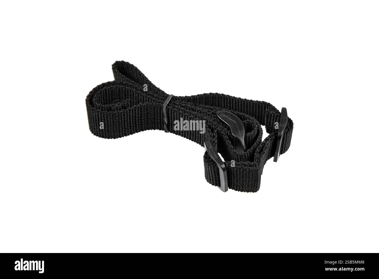 Black adjustable nylon strap with plastic buckles, isolated on white ...