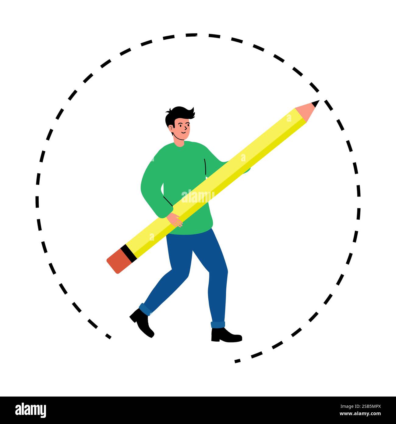 A person walks in a circular area, holding an oversized yellow pencil ...