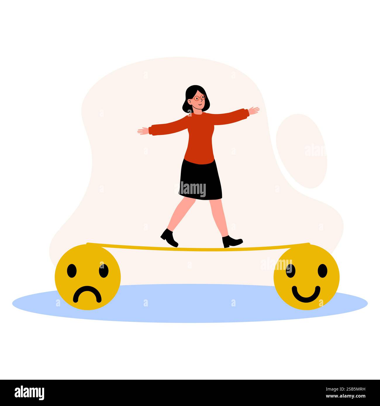 A woman walks on a yellow beam balanced between a smiley face and a ...