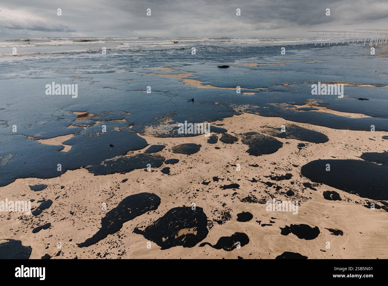 Oil leak in sea coastline after a tanker wreck. Fuel oil destroy and ...