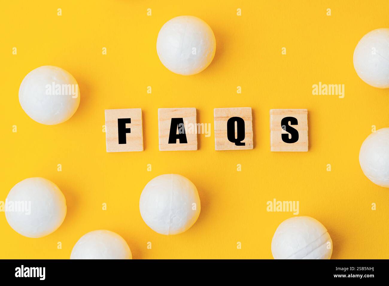 Yellow background with white balls and a word that starts with the ...