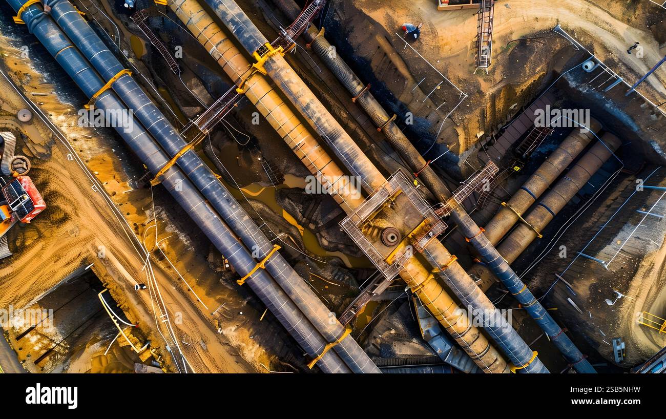 This high-angle image captures the complex network of drainage pipes ...