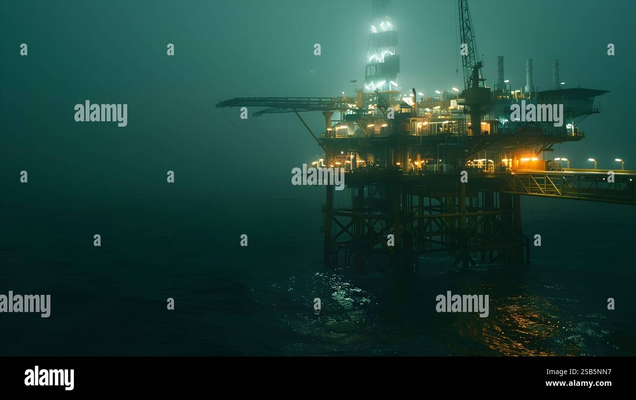 This image captures the striking visual of an offshore oil rig at night ...