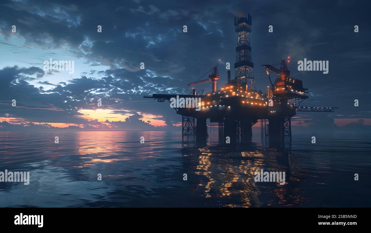 This image depicts a futuristic offshore oil rig with advanced lighting ...