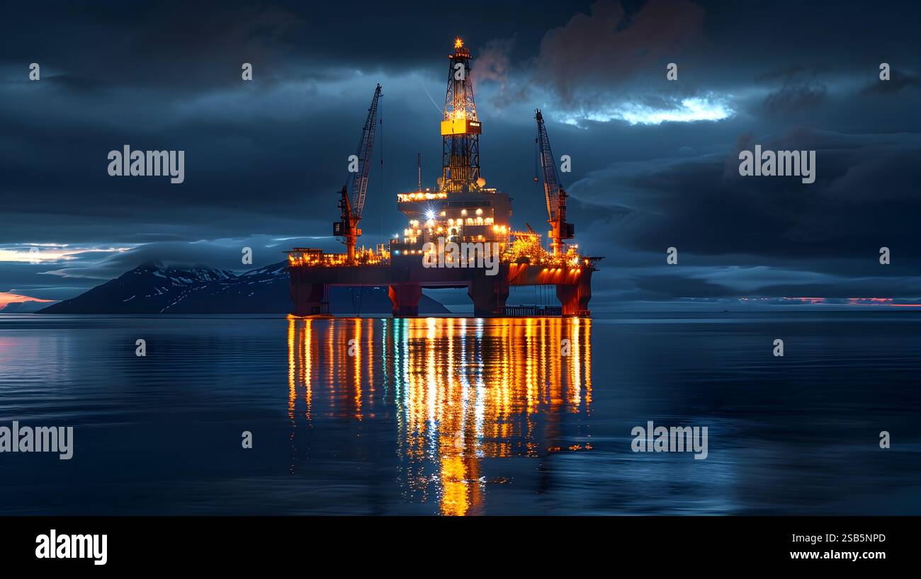 This captivating image showcases a majestic offshore oil rig ...
