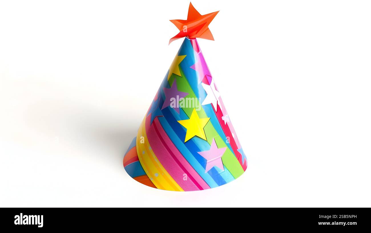 This image depicts a colorful paper party hat with a vibrant design of ...