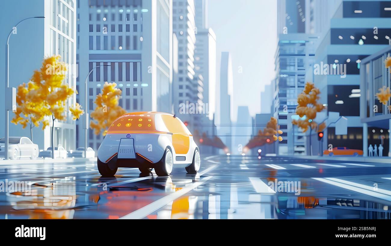 The image depicts an autonomous car maneuvering through a bustling ...