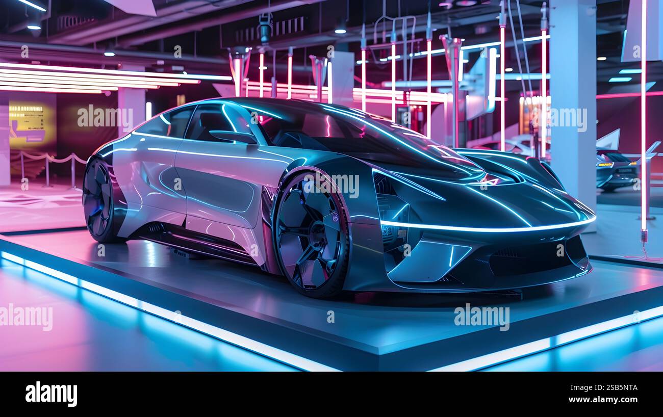 This image depicts a sleek,ultra-modern electric vehicle with ...