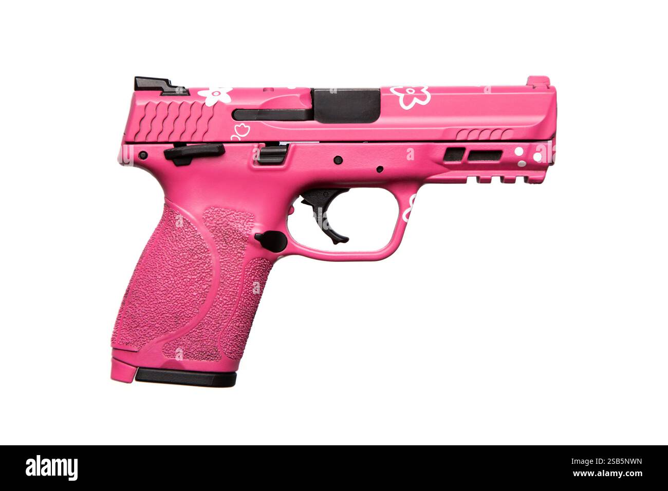 A pink semi-automatic pistol with a floral pattern and textured grip ...