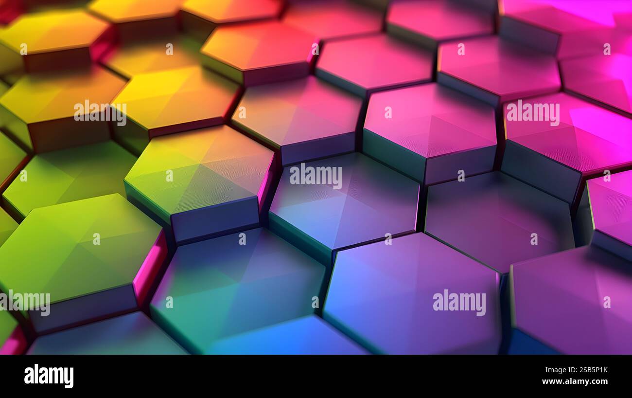 This vibrant and abstract digital background features an interlocking hexagon pattern in a ...