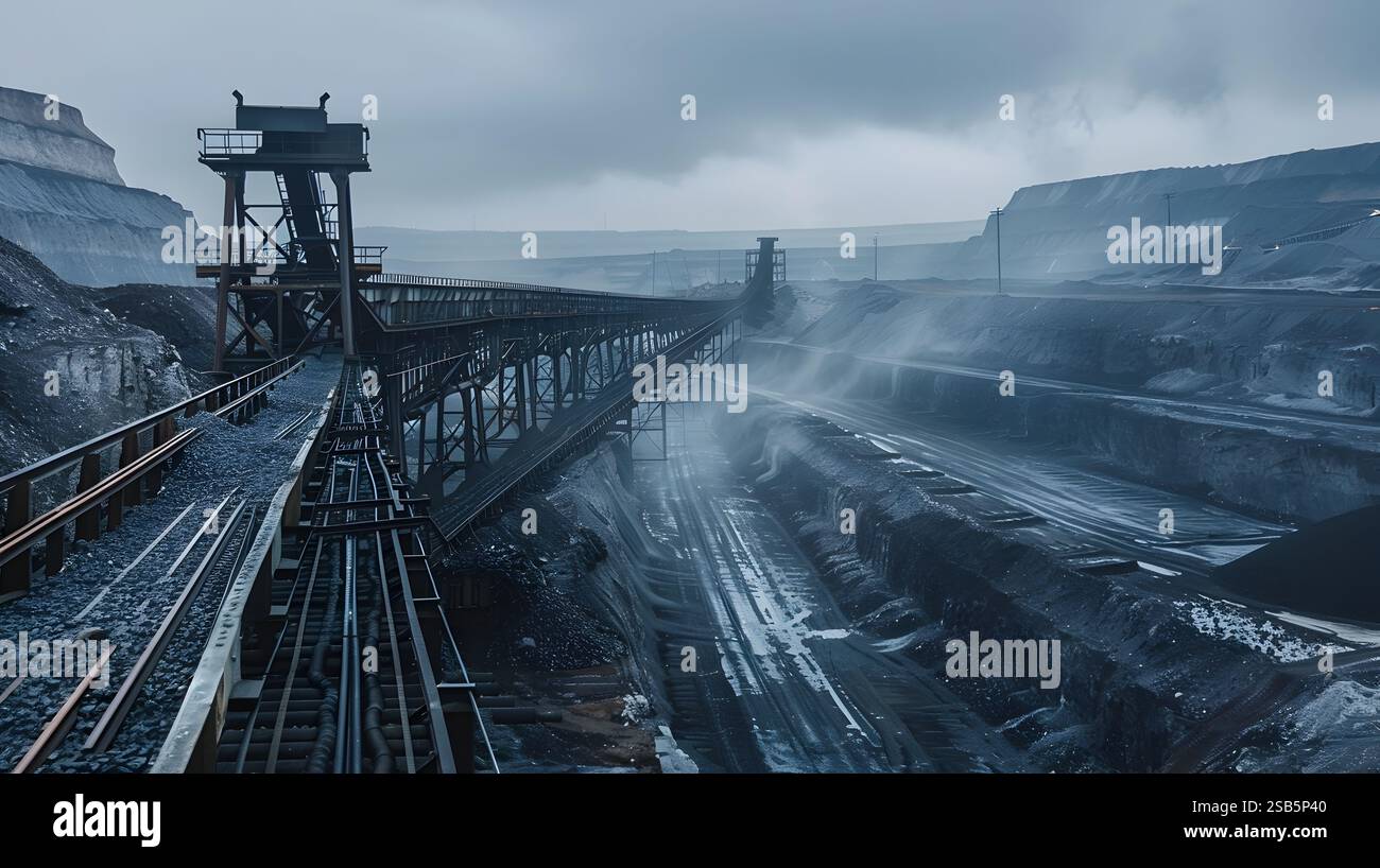 An industrial scene depicting a large coal conveyor system winding its ...