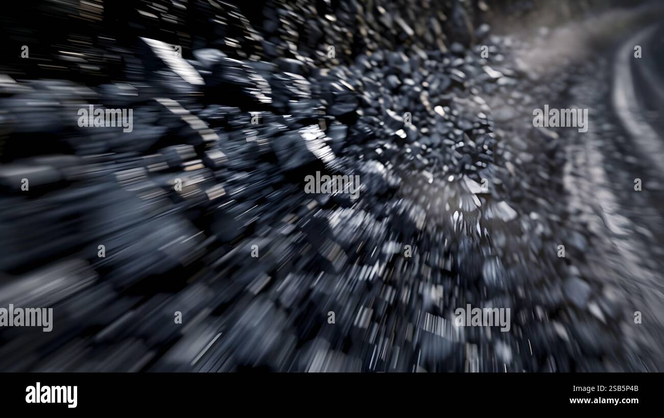 This image captures the dynamic and rapid movement of coal chunks being ...