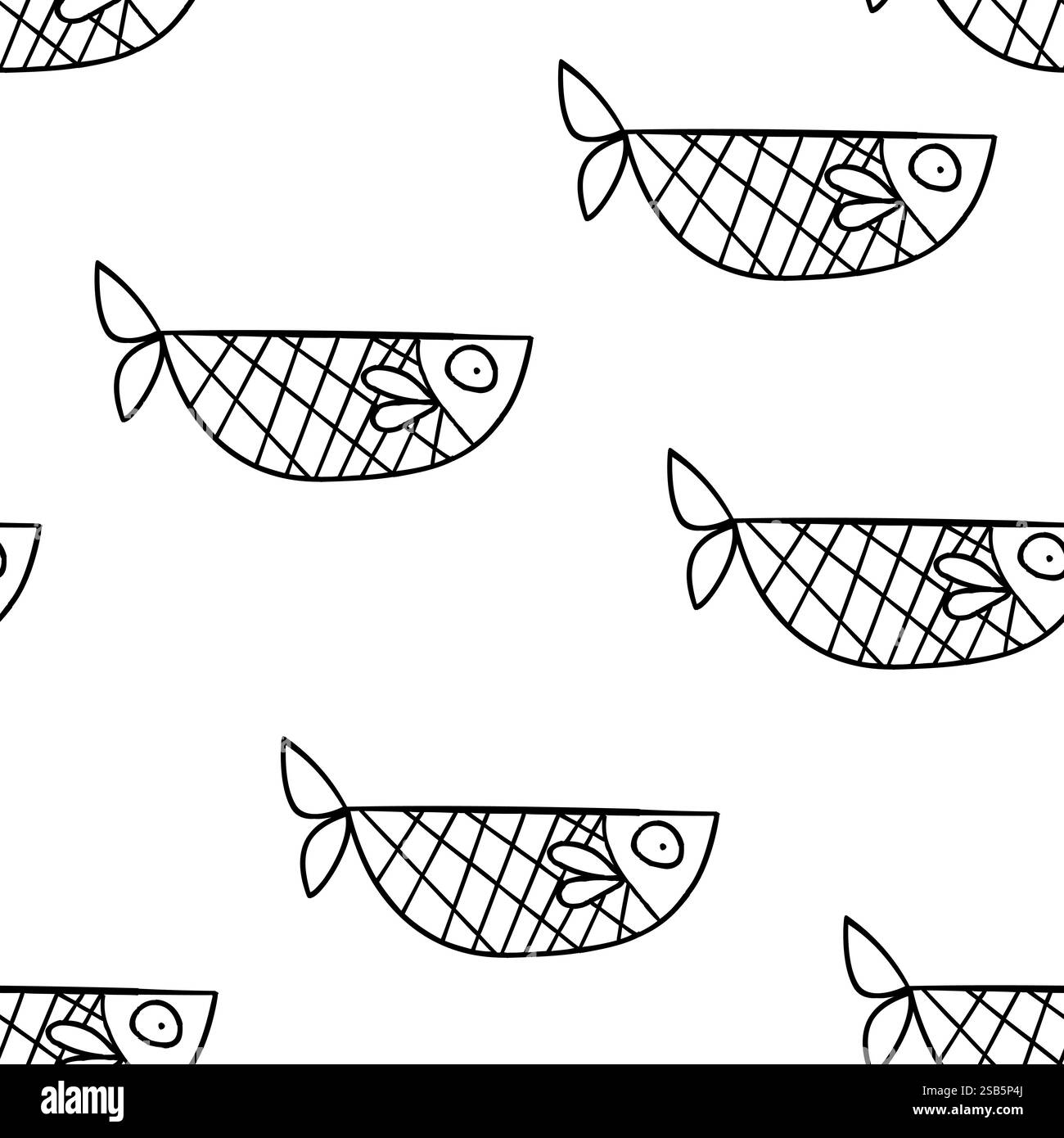Monochrome fish pattern covering the white background with streamlined ...