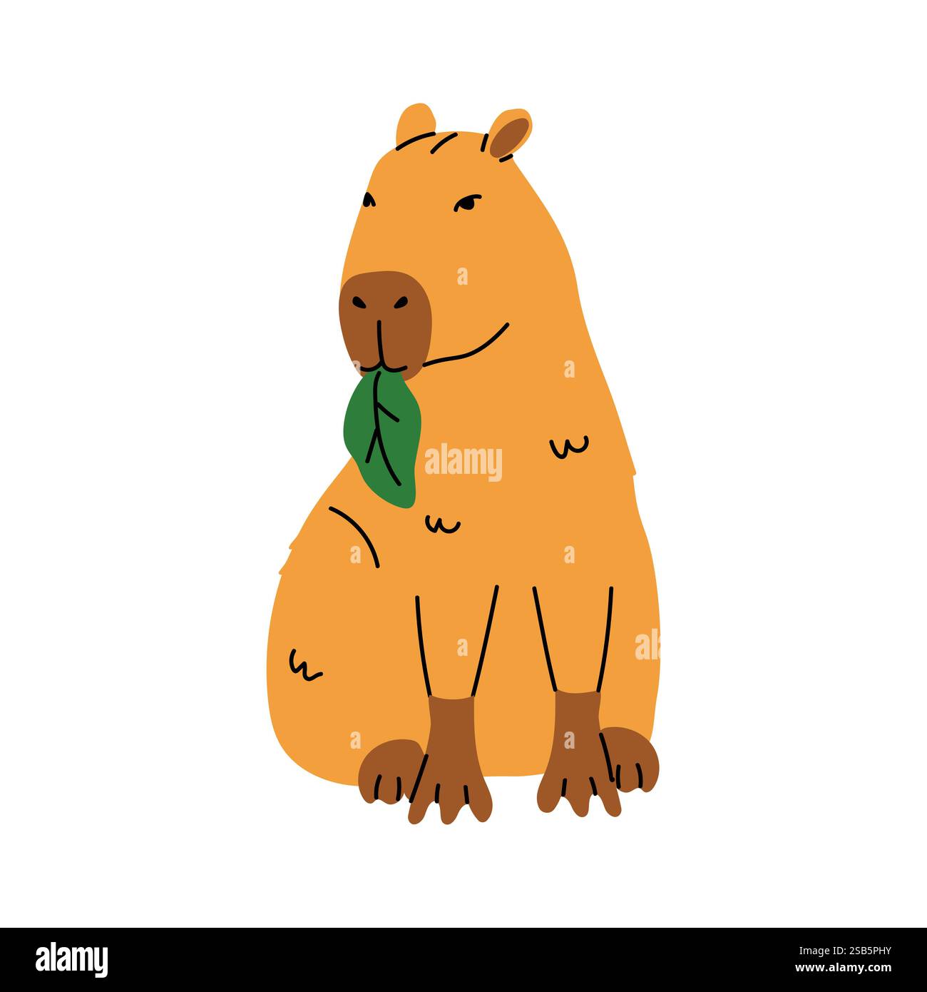 A cartoon illustration of a capybara sitting and eating a leaf. The ...