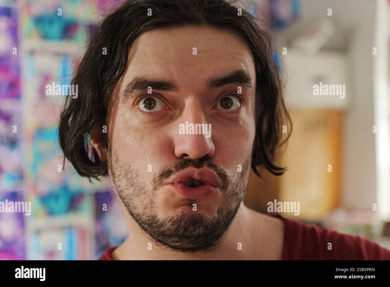 A quirky individual expressions curiosity with a playful gesture, set ...