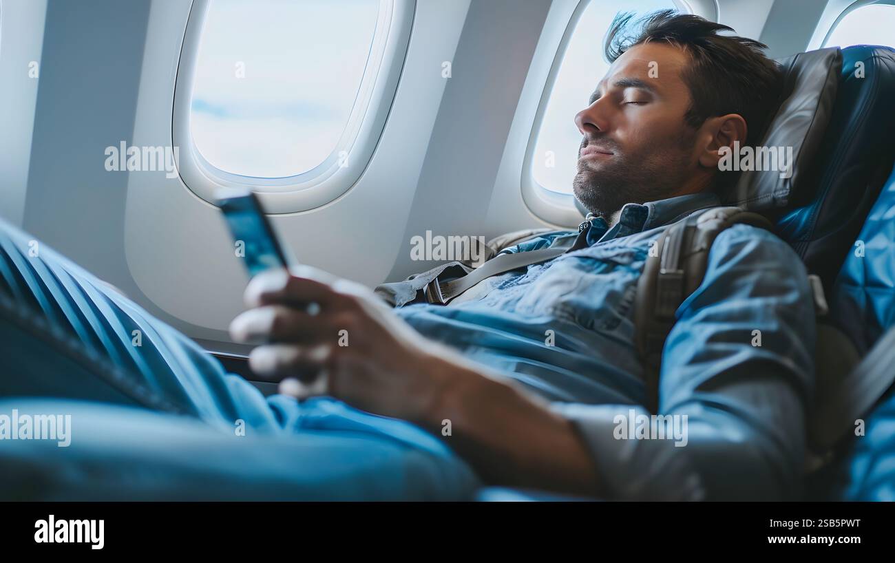 A man sits comfortably in an airplane seat,focused on his mobile device ...