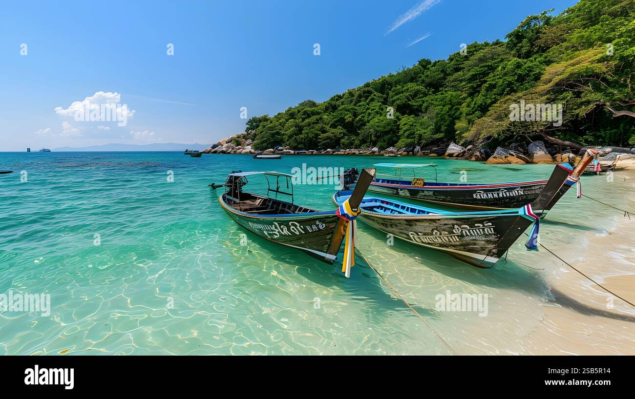 This image captures a serene and picturesque scene at Pattaya Beach,Thailand Several traditional ...
