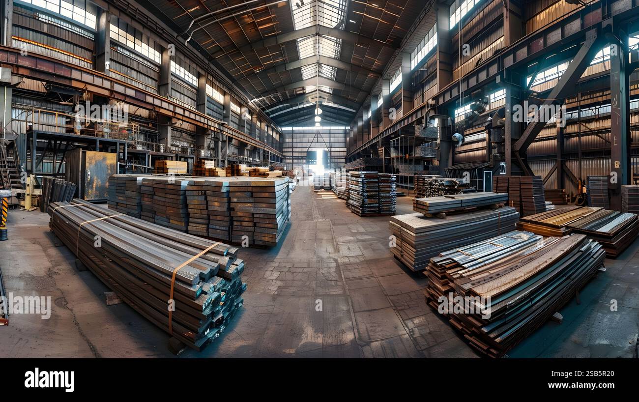 This panoramic image showcases the interior of a sprawling steel ...