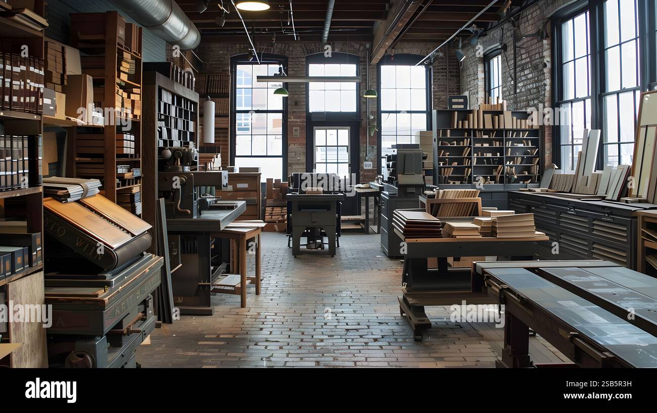 This image captures the interior of a vintage print shop,showcasing an ...