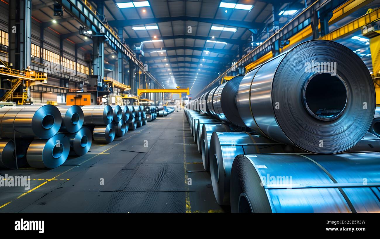 This image depicts a bustling steel factory warehouse during active The ...