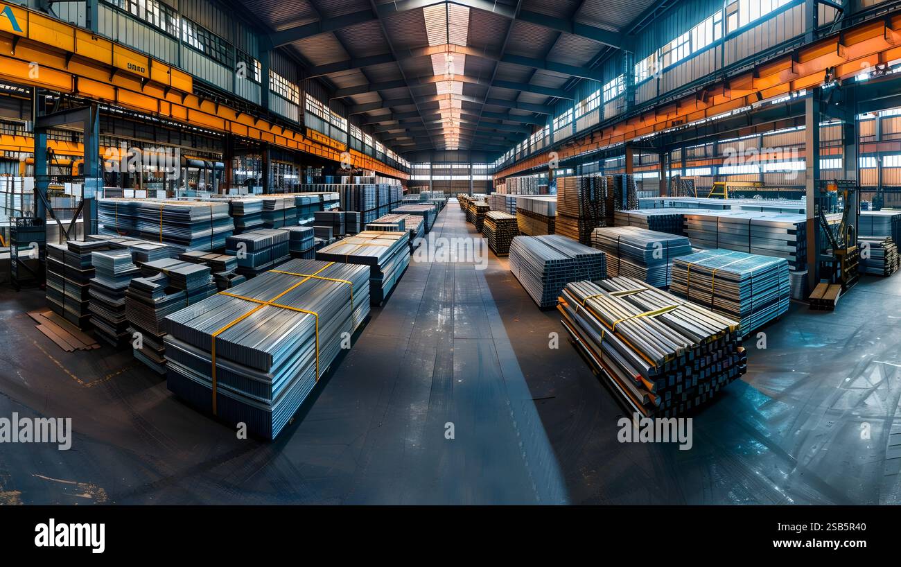 This panoramic image showcases the interior of a large steel factory ...