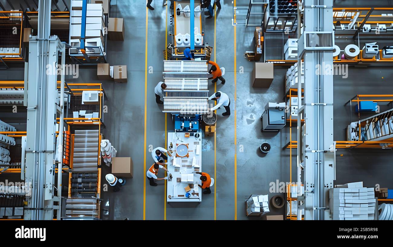 An overhead view of a bustling print shop layout,showcasing an ...