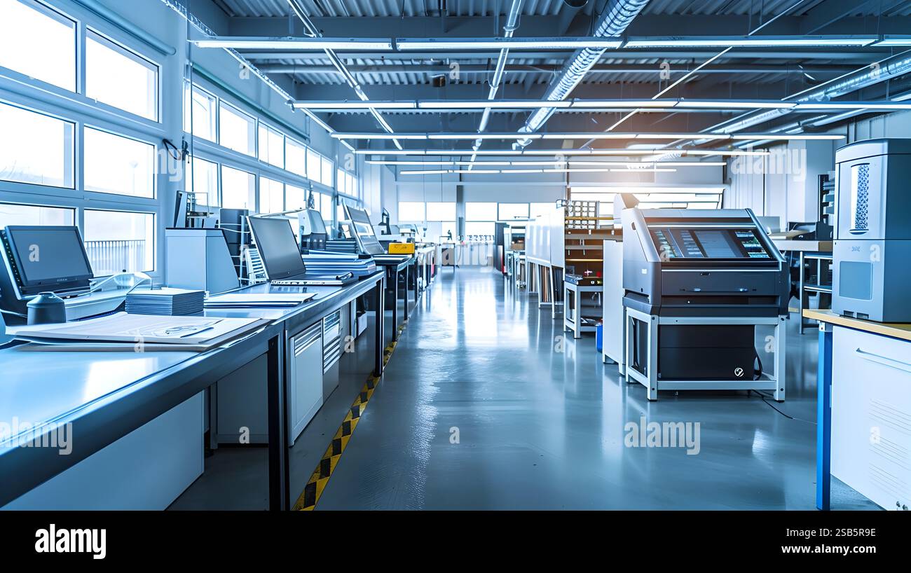 This image depicts a modern,well-equipped print shop floor,showcasing ...