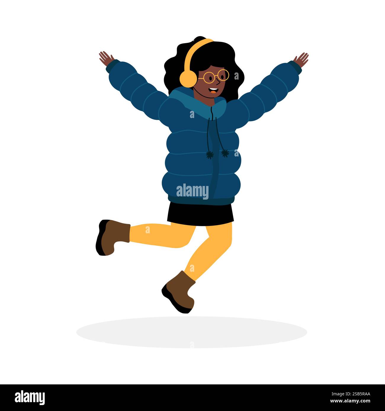 A cheerful girl wearing a blue puffer jacket, yellow leggings, and ...