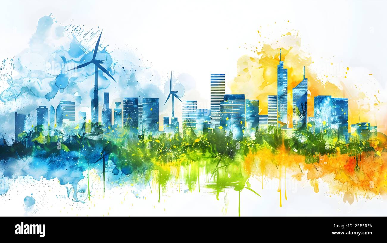 This image depicts a vibrant,futuristic eco-city with a modern skyline ...