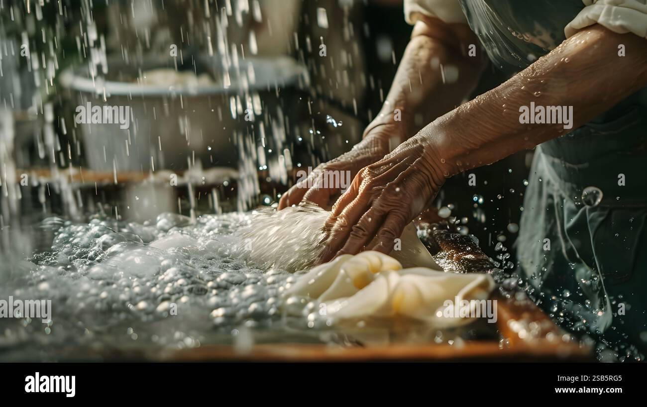 This image depicts the manual labor and dedication of a housewife ...