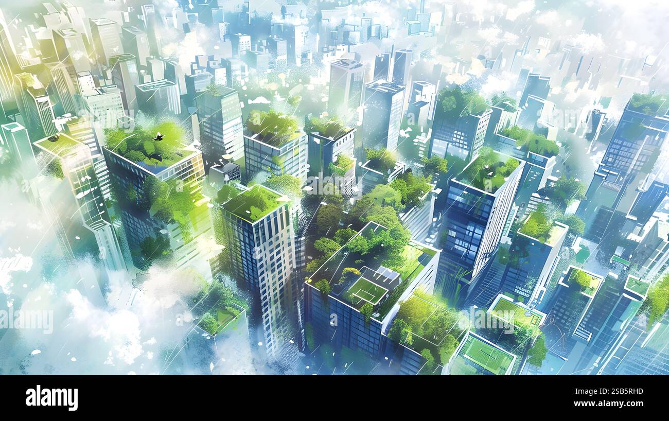 This dynamic art showcases an aerial view of a visionary city teeming ...