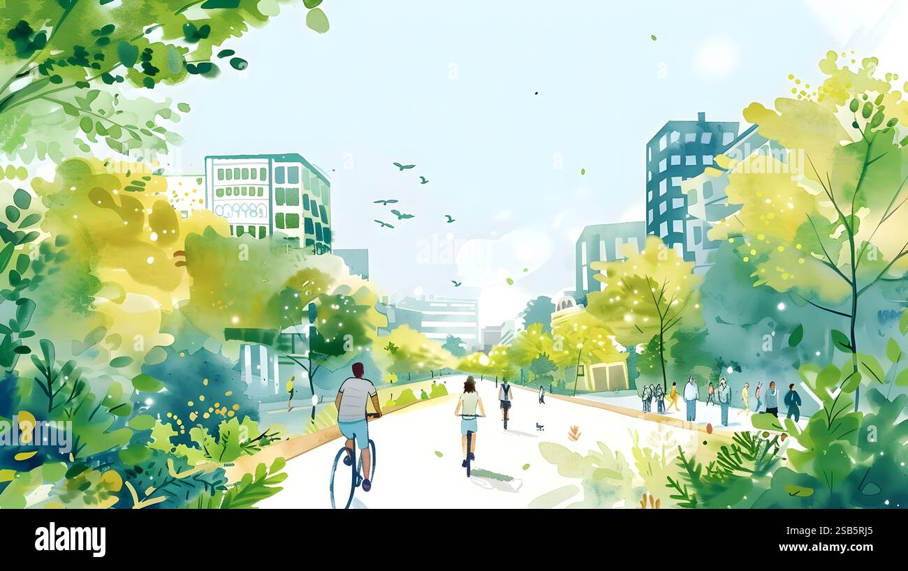 This vibrant watercolor depicts a car-free urban area teeming with ...