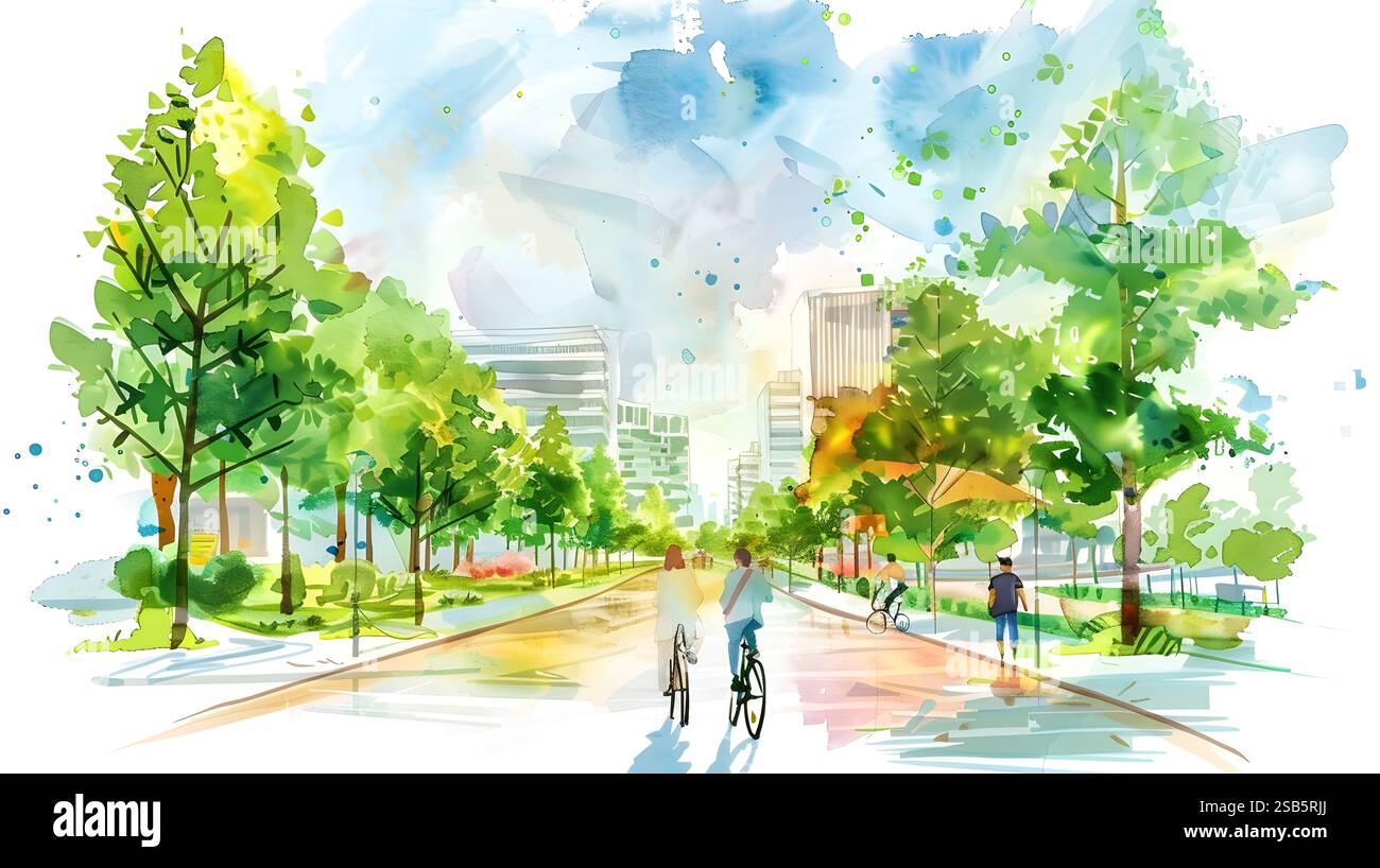 This vibrant depicts a car-free urban area where people can cycle and ...