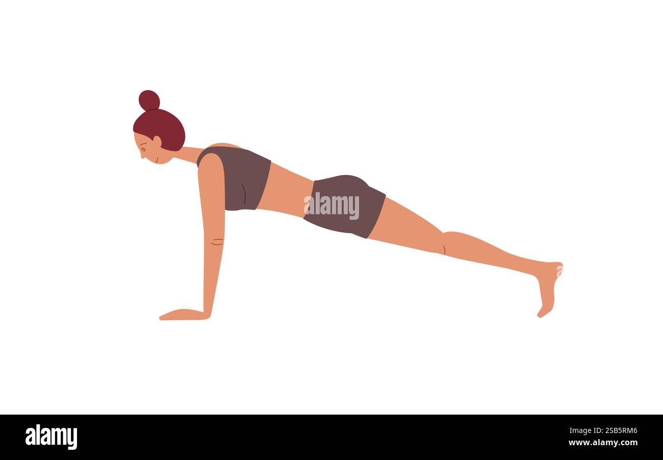 A woman in activewear is engaged in a plank exercise, focusing on ...