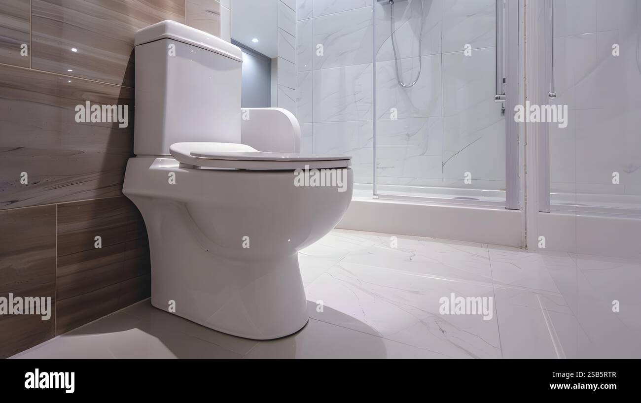 This image depicts a simple and streamlined white toilet bowl situated ...