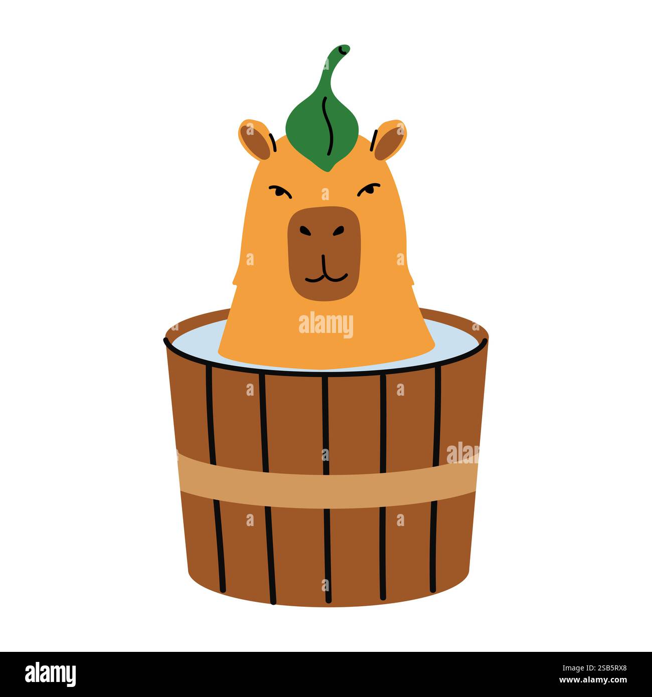 A cartoon capybara with a leaf on its head is taking a relaxing bath in ...