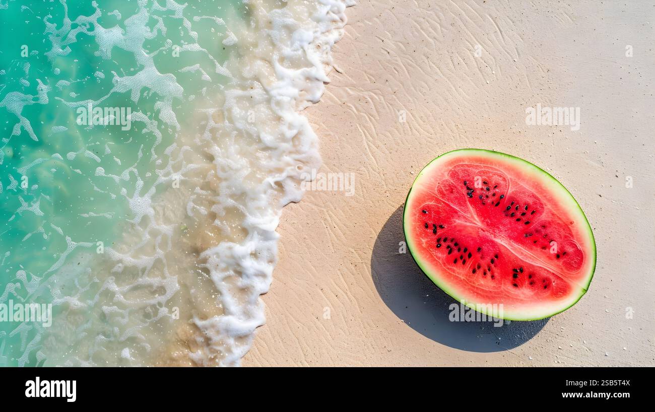 An aerial view of a juicy,ripe watermelon slice resting on a sandy ...