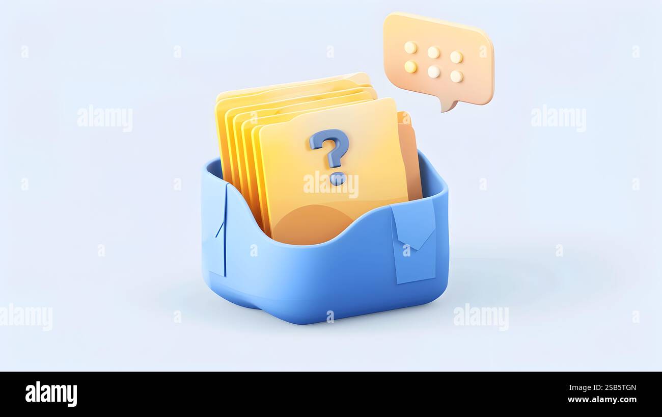 This 3D-rendered image depicts a stack of documents or files with a ...