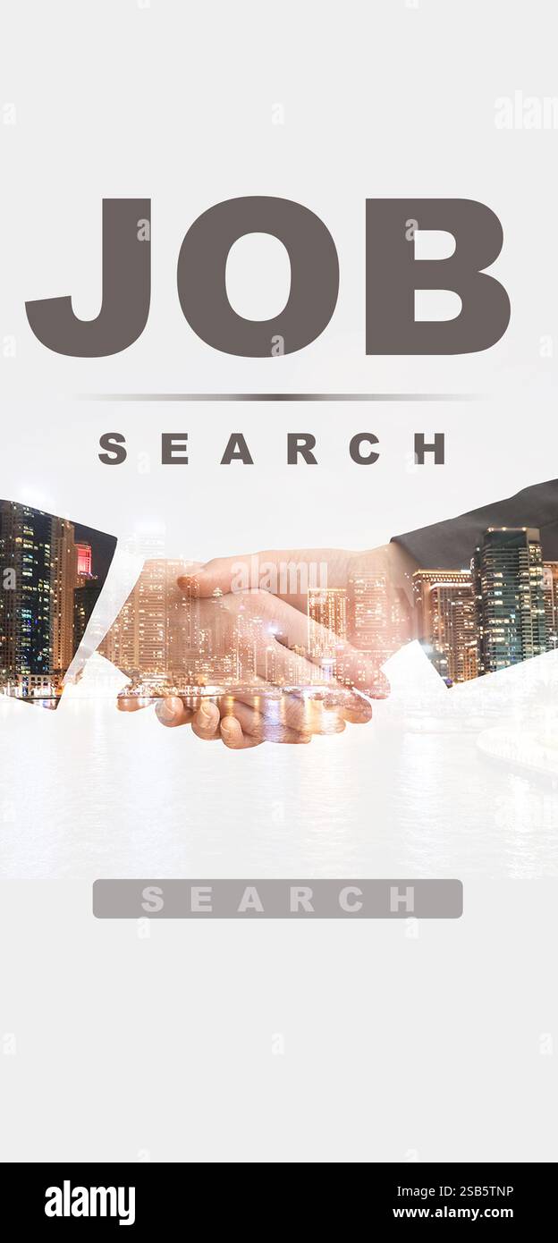 Job search, vertical poster. Double exposure of people shaking hands ...