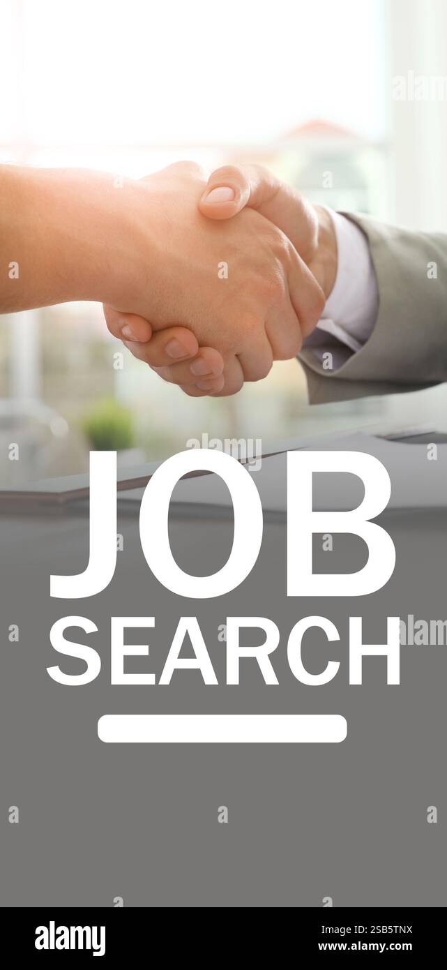 Job search. Vertical poster with people shaking hands and search bar ...
