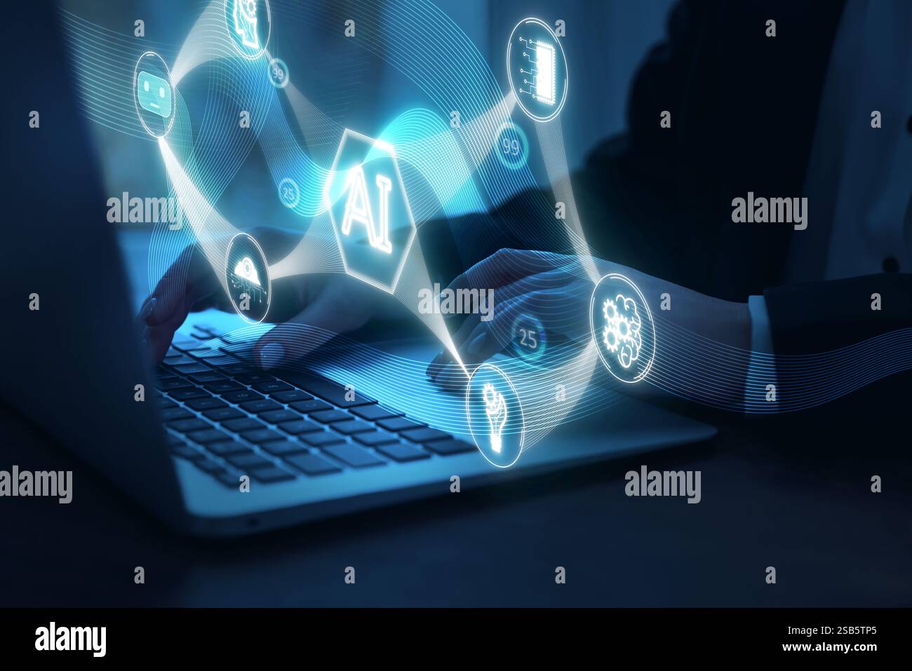 Artificial intelligence. Woman using laptop at table, closeup. Scheme ...