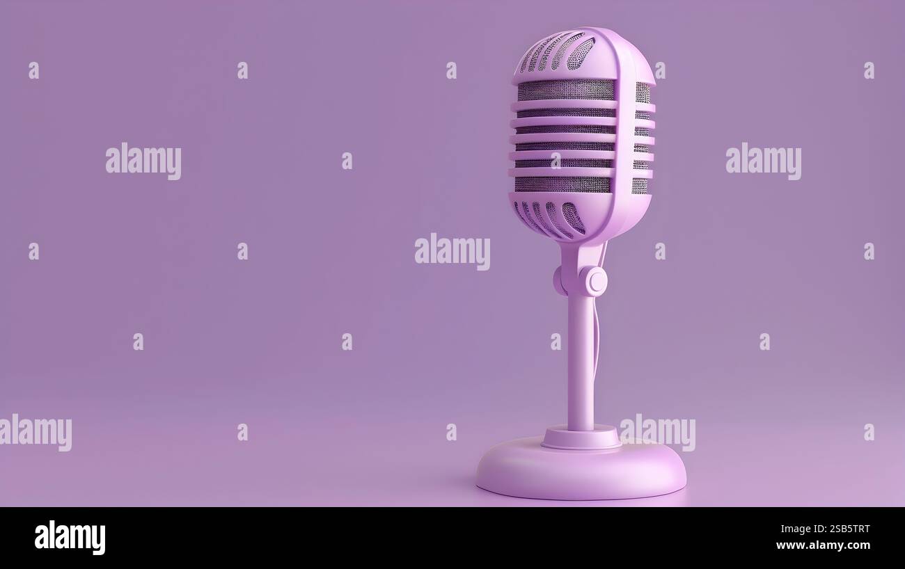 This image depicts a minimalist 3D microphone icon in a gentle lavender ...