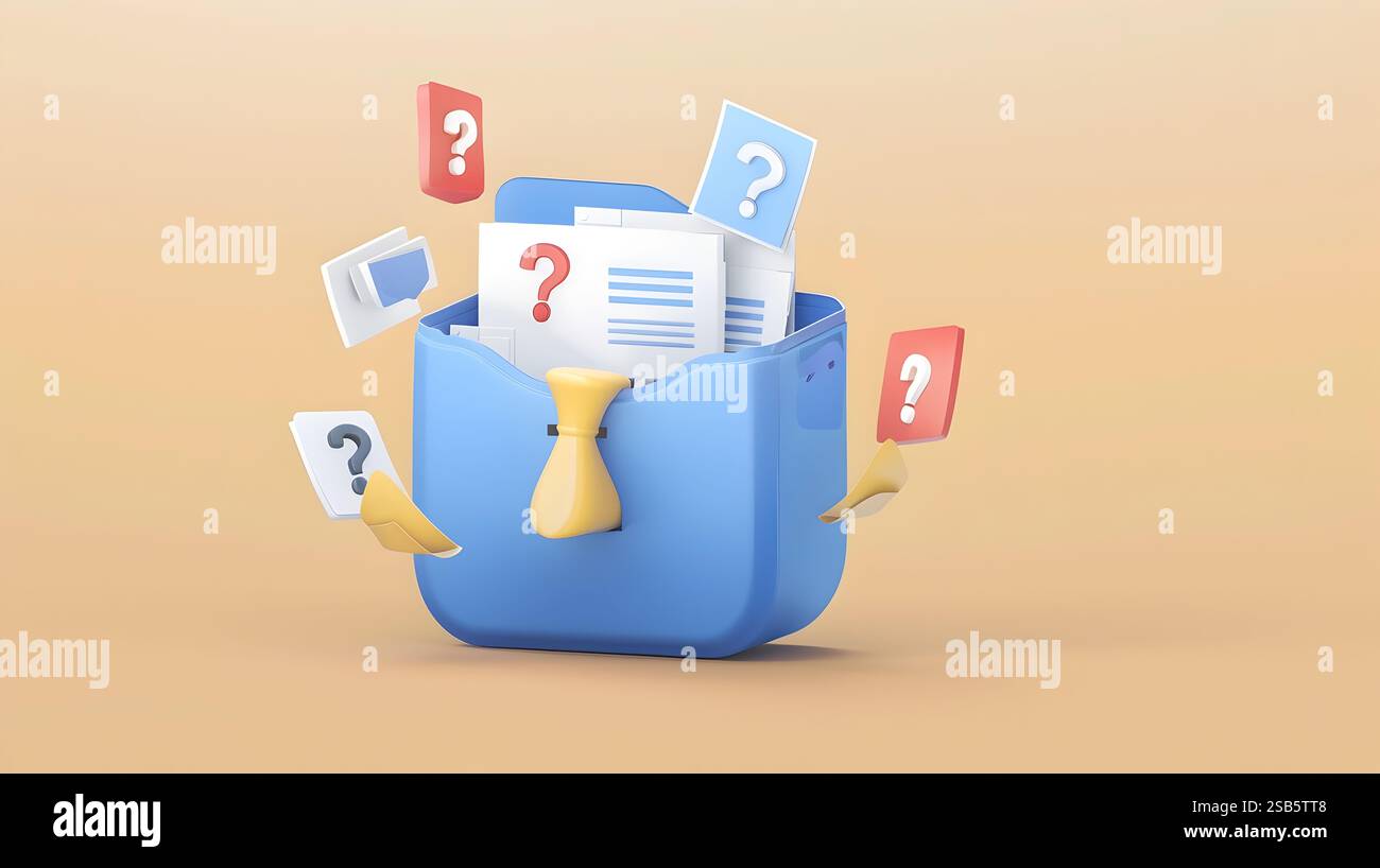 This vibrant 3D render depicts a document folder filled with papers ...