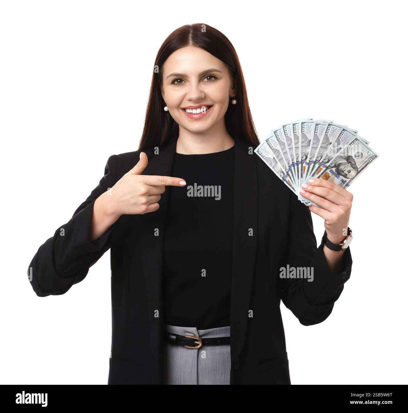 Banker with dollar banknotes on white background Stock Photo - Alamy