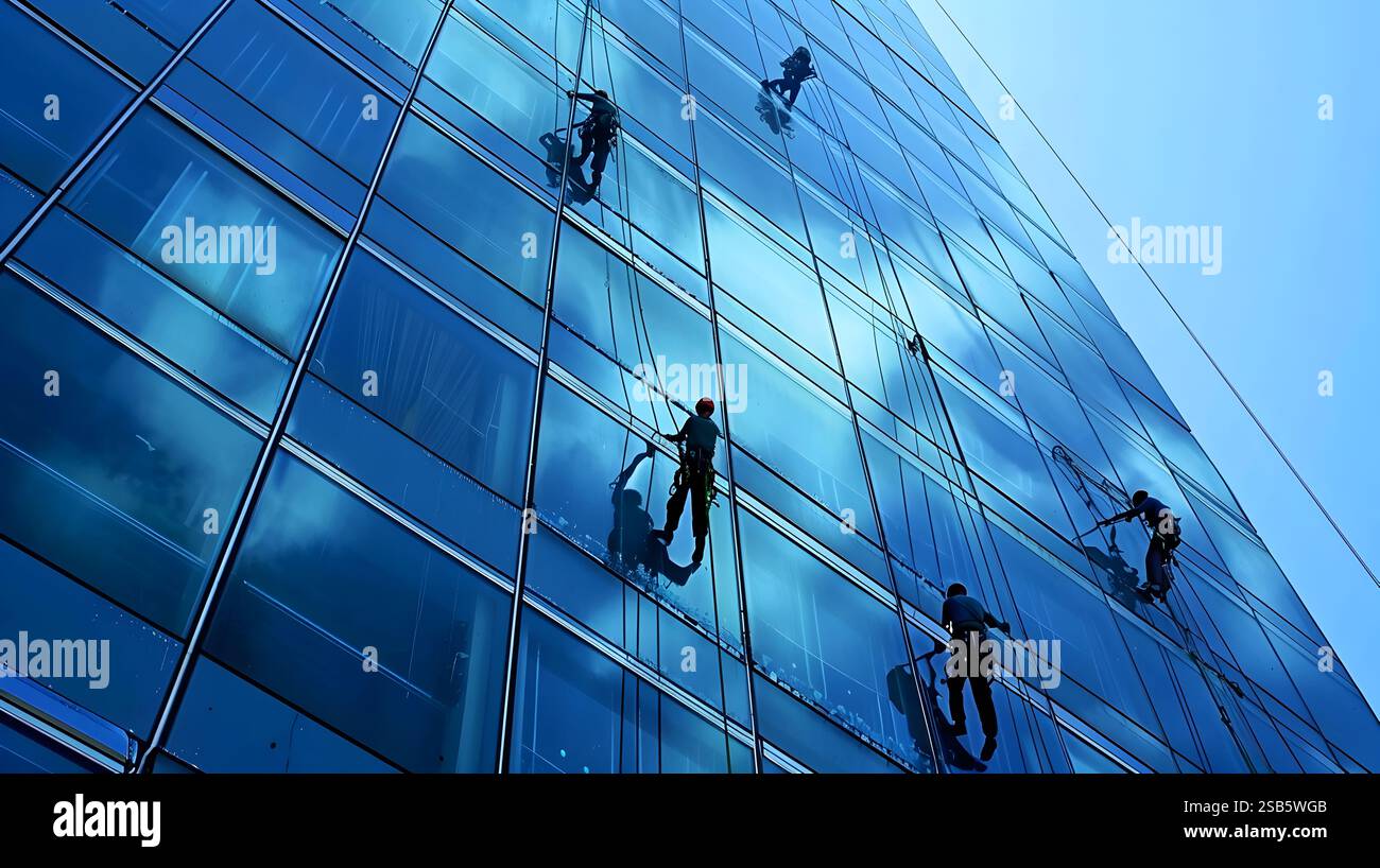 This aerial image captures a team of window washers suspended from ...