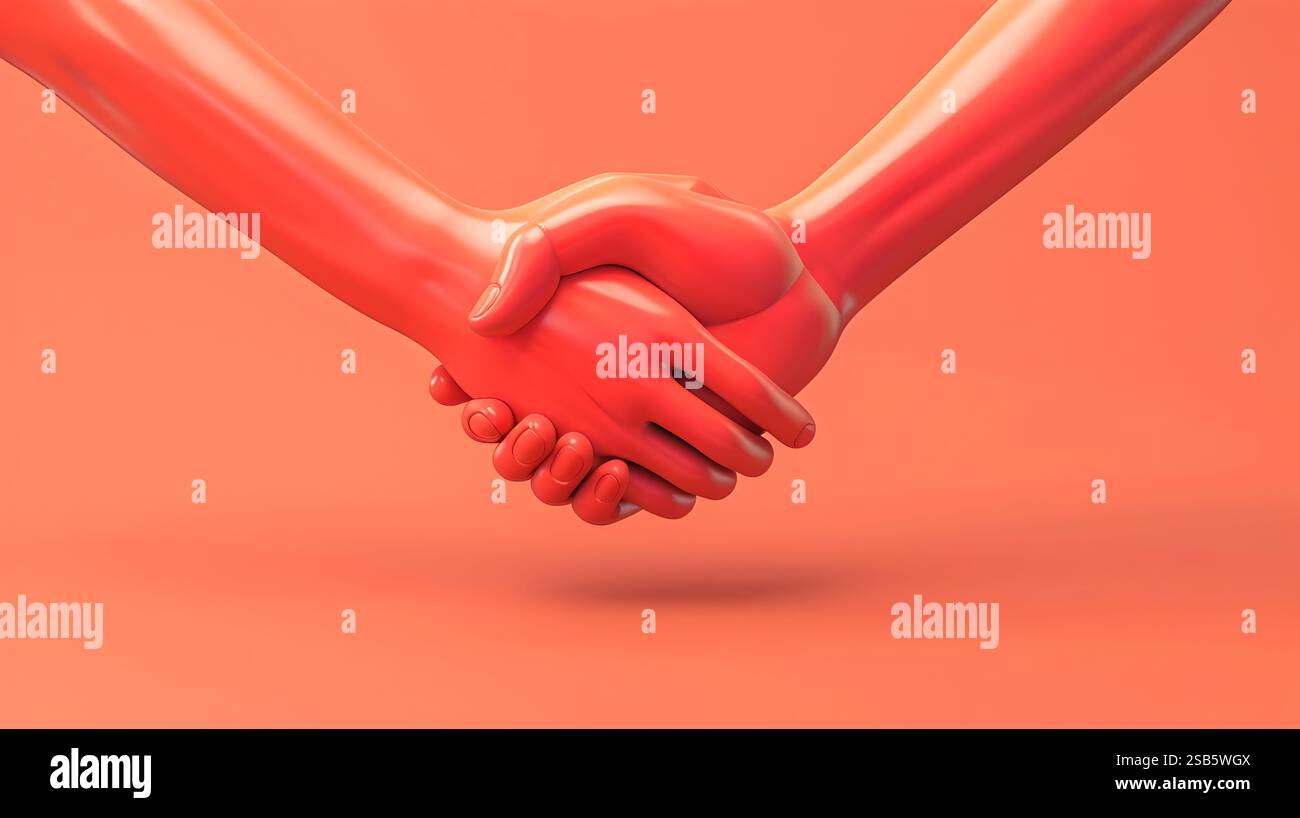 A vibrant 3D handshake icon rendered in a warm coral color on a ...