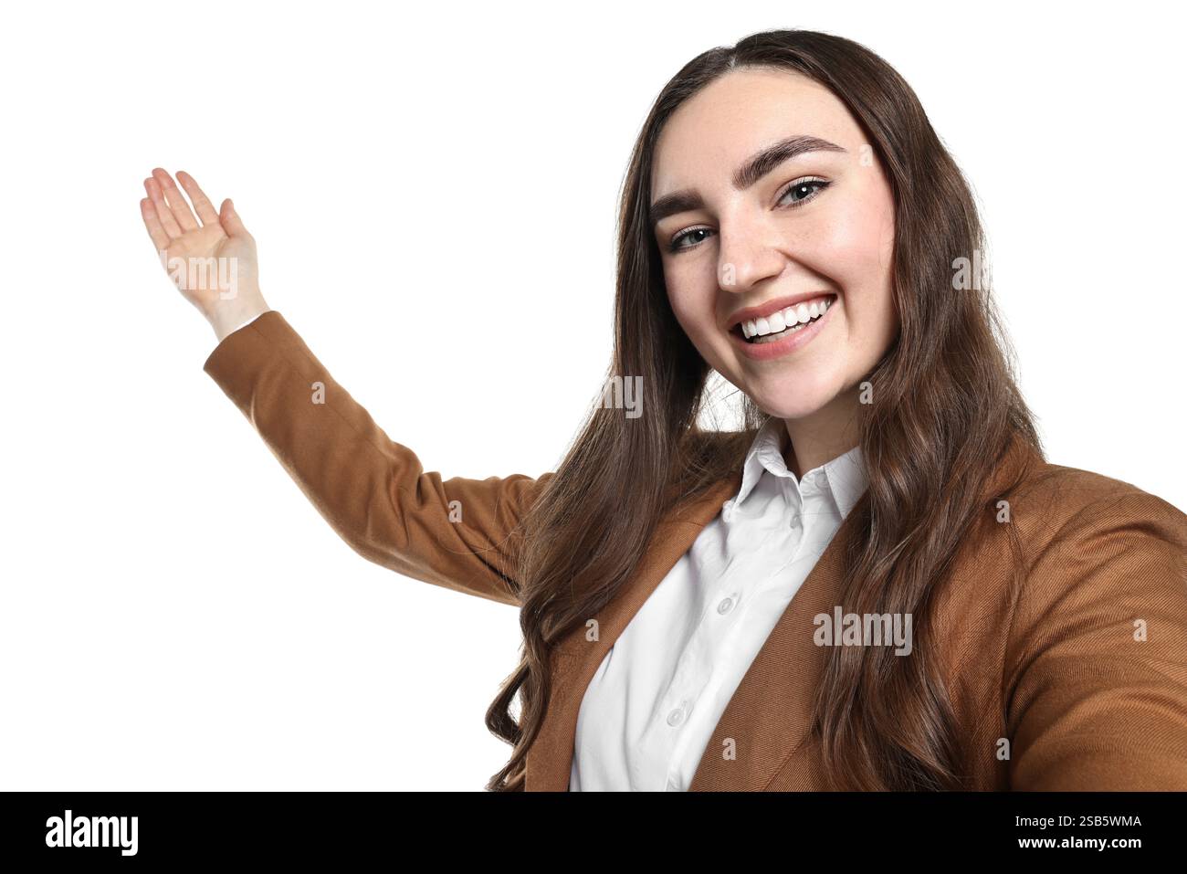 Happy businesswoman welcoming clients or partners on white background ...