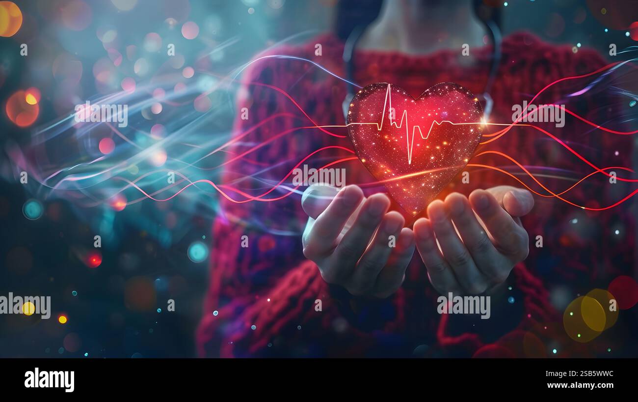 This captivating image depicts an representation of a red,glowing heart ...