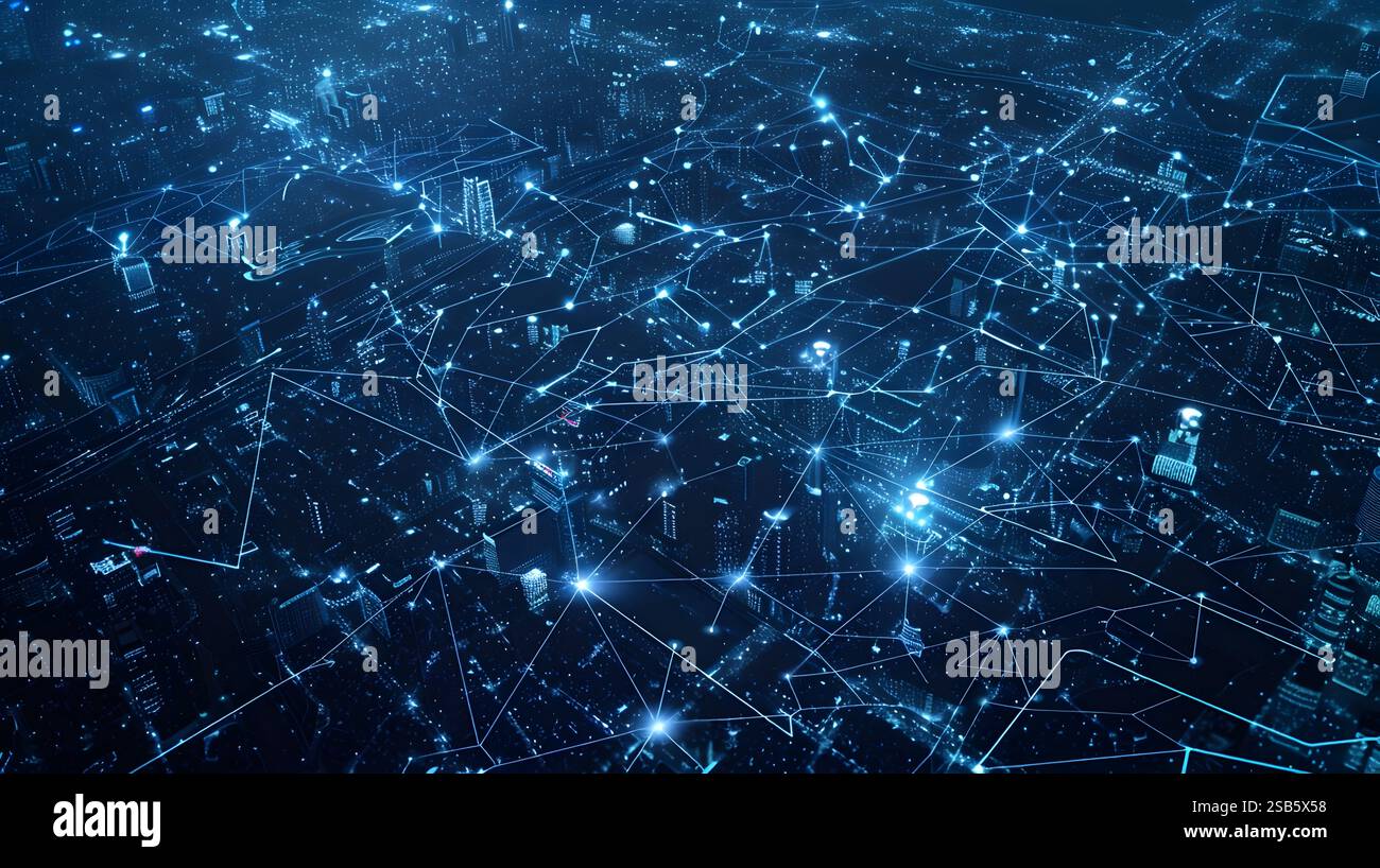 This visually striking image depicts a sprawling network of interconnected 5G nodes overlaying a ...