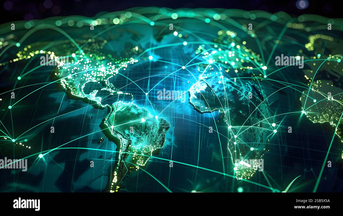 This dynamic depicts a futuristic global 5G network,visualized through a vibrant array of ...